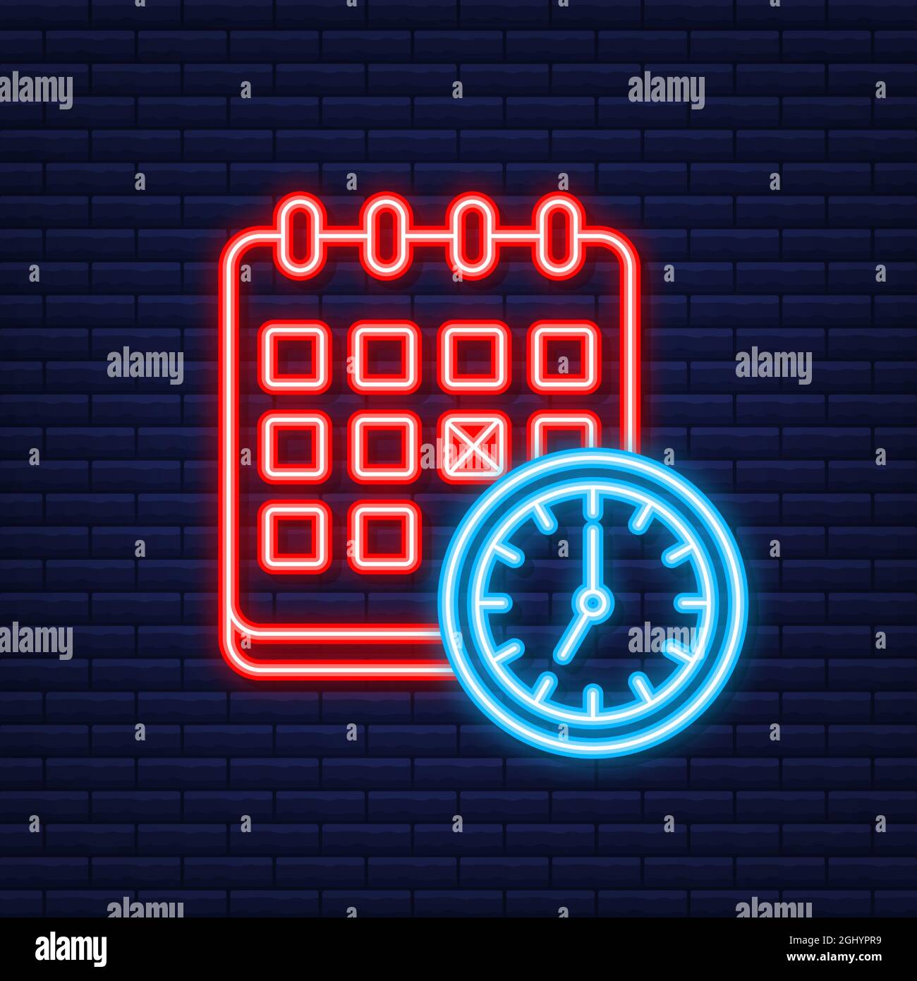 Calendar and clock line icon. Schedule concepts. Neon icon. Modern flat ...