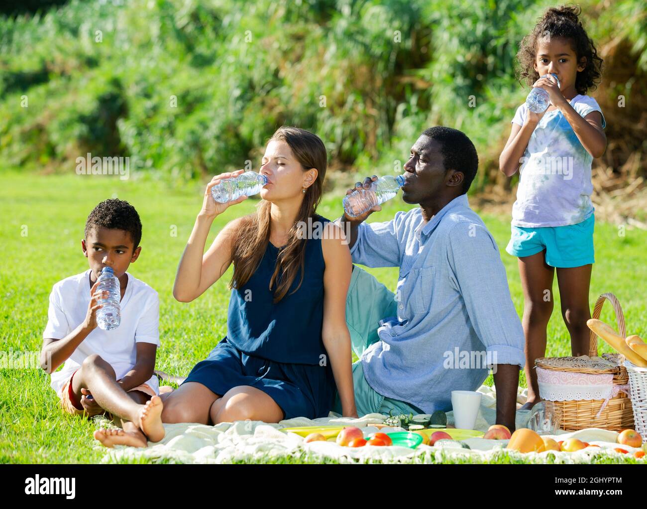 Family drinking water at picnic Stock Photo - Alamy