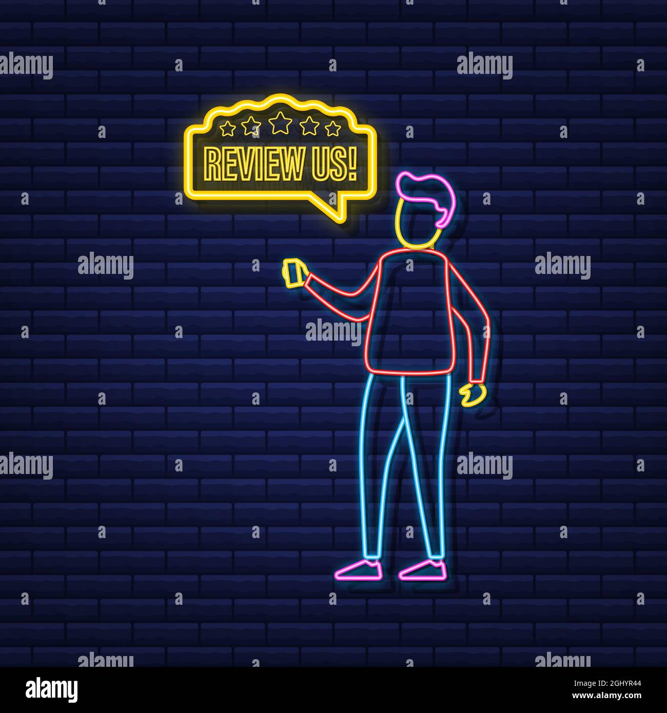 Review us user rating concept. Review and rate us stars neon icon ...