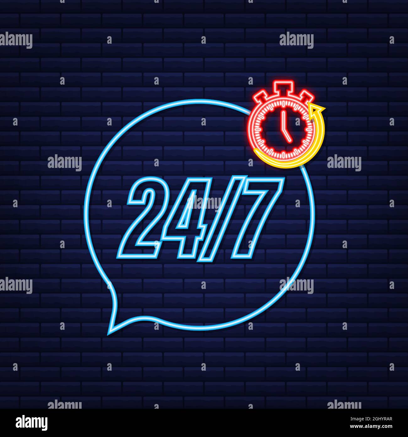 24-7 service concept. 24-7 open. Neon icon. Support service icon ...