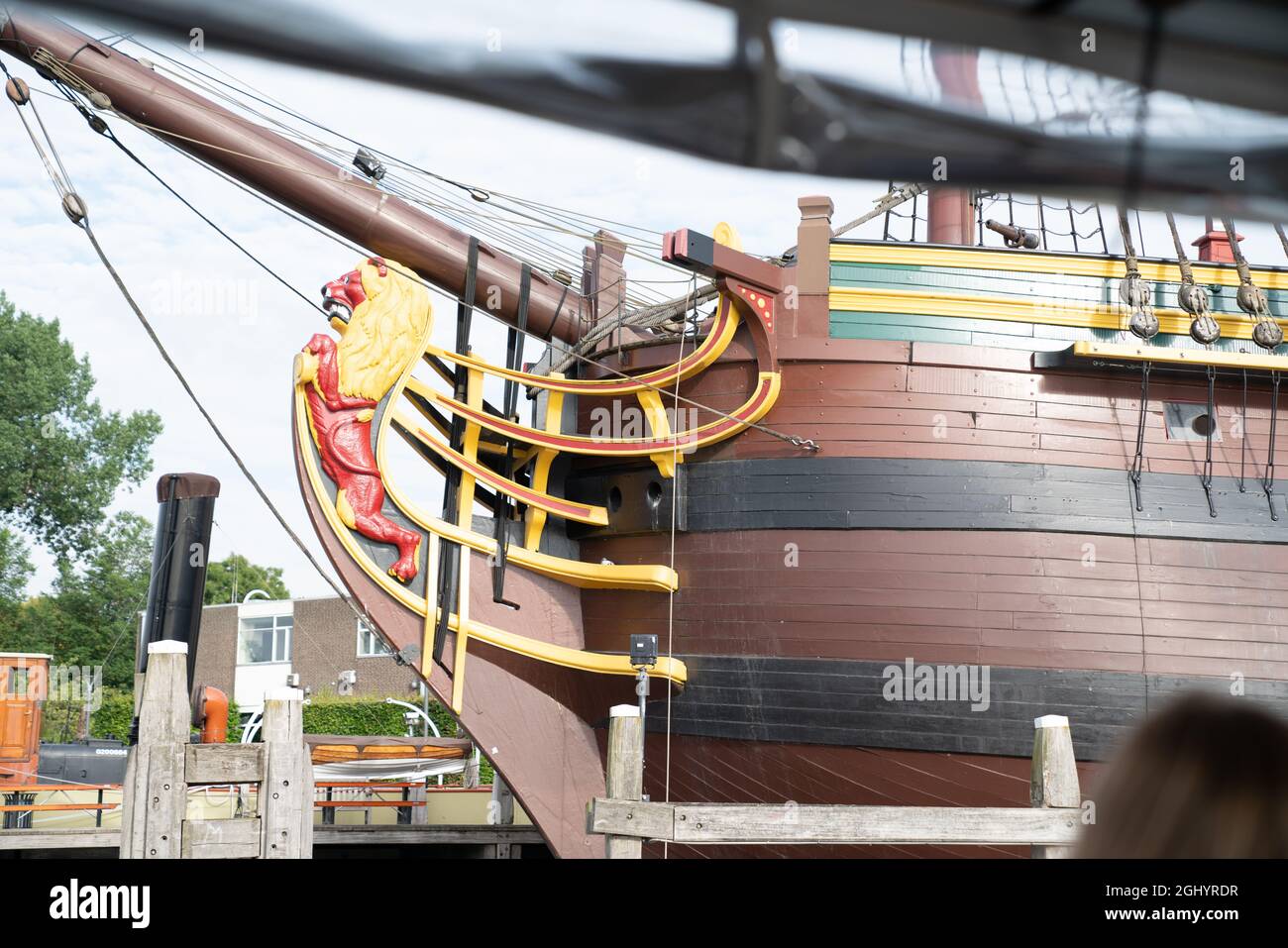 AMSTERDAM, HOLLAND - AUGUST 17; VOC Ship Replica decorative bow closeup ...