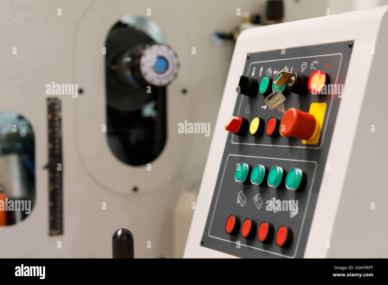 Buttons and switches on the control panel of modern industrial machine ...