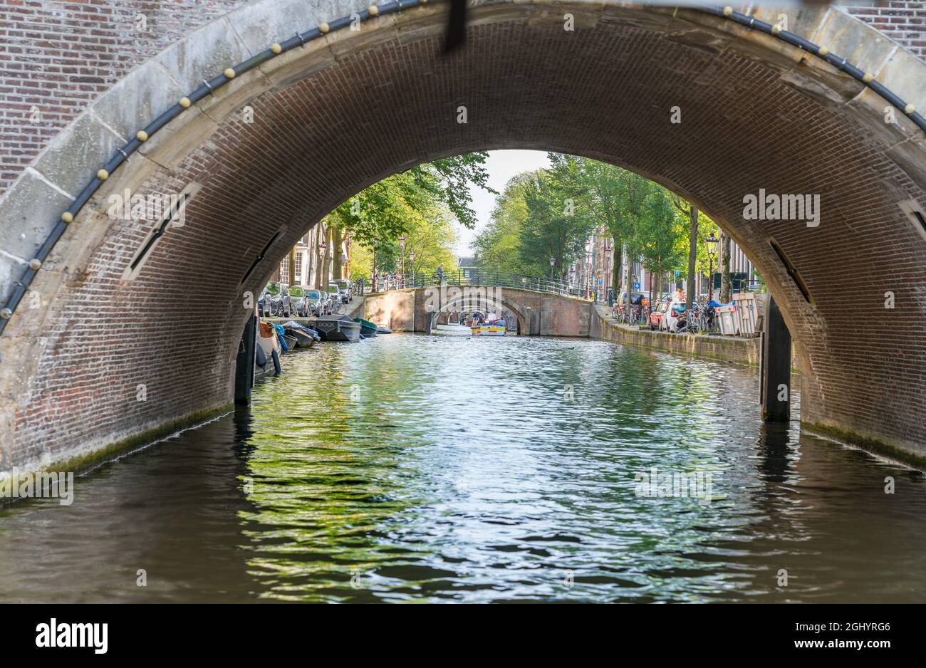 Amsterdam Netherlands - August 17 2017; Row of seven brick arch bridges ...