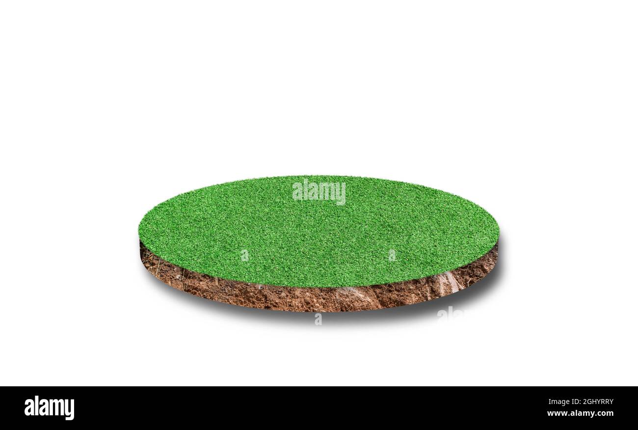 Soil round cross section with green grass field isolated on white ...