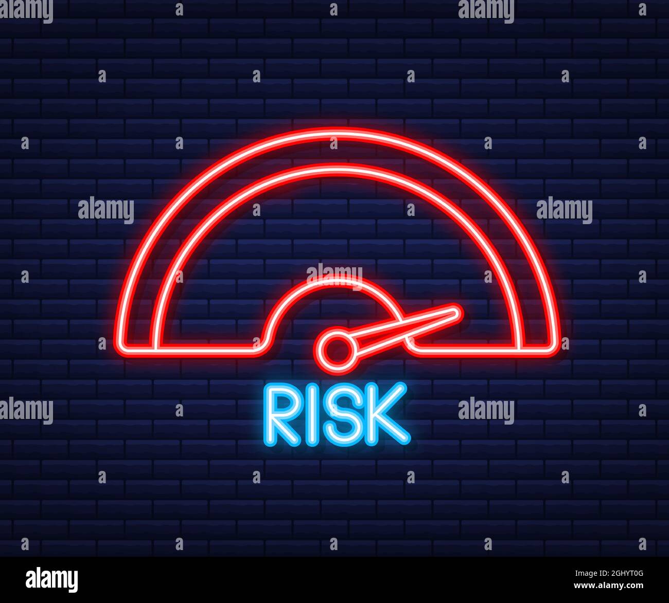 Risk icon on speedometer. High risk meter. Neon icon. Vector ...
