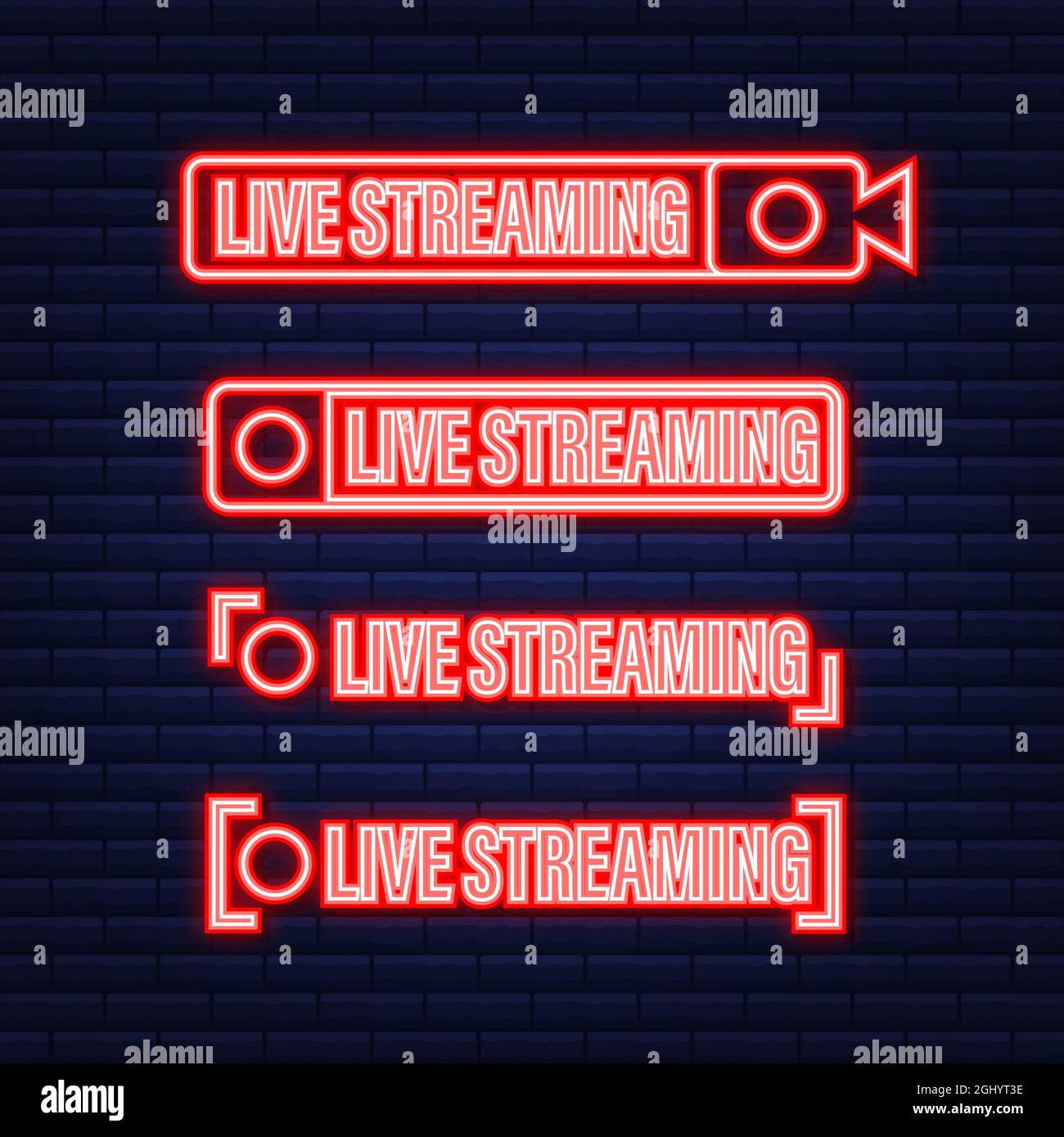 Set of live streaming icons. Broadcasting. Red symbols and buttons of live stream, online stream ...
