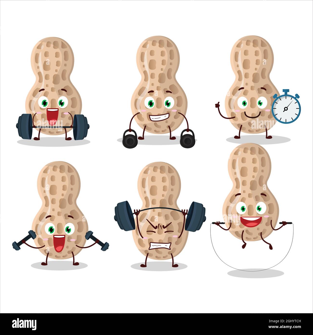 A healthy peanut cartoon style trying some tools on Fitness center ...