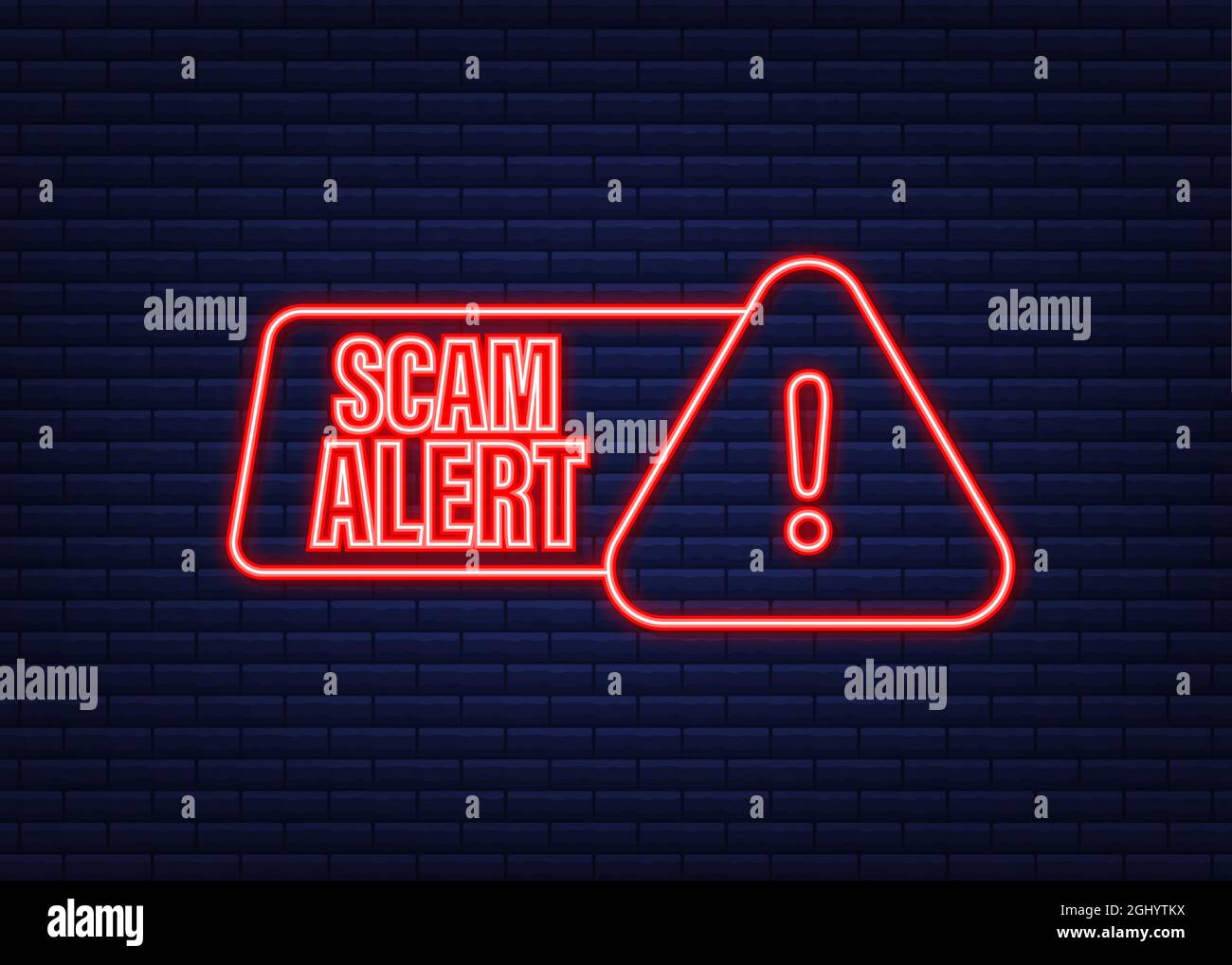 Banner with red scam alert. Attention sign. Neon icon. Caution warning ...