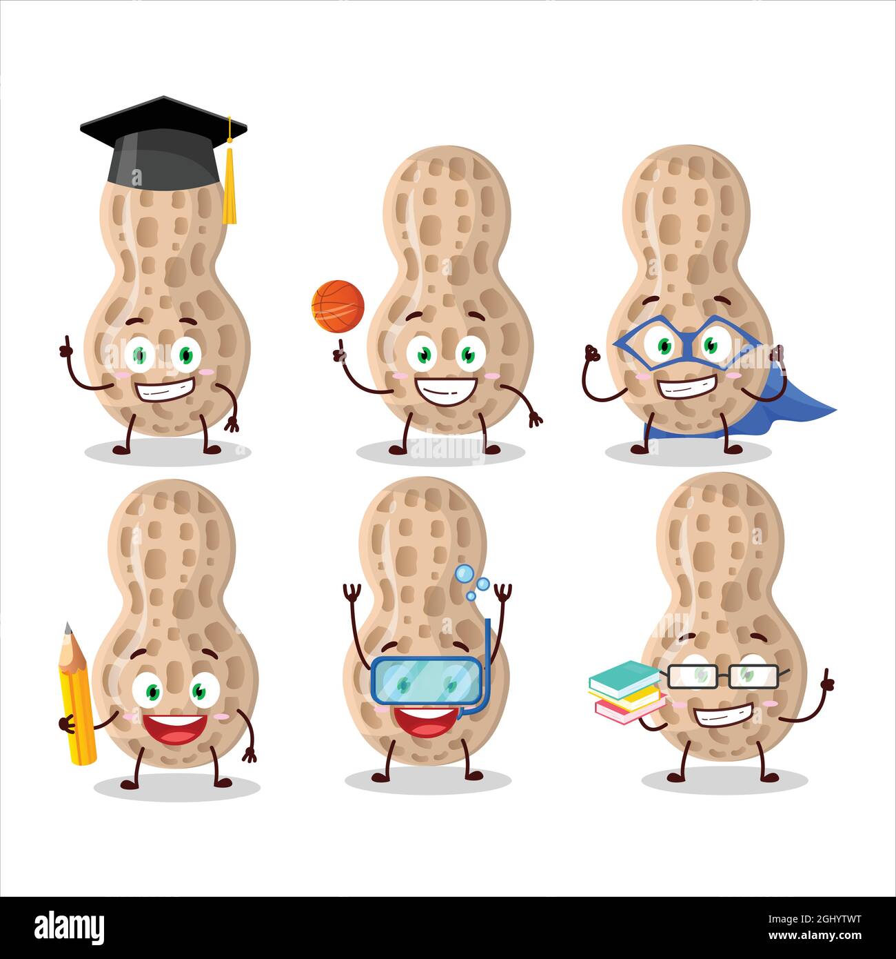 School student of peanut cartoon character with various expressions ...