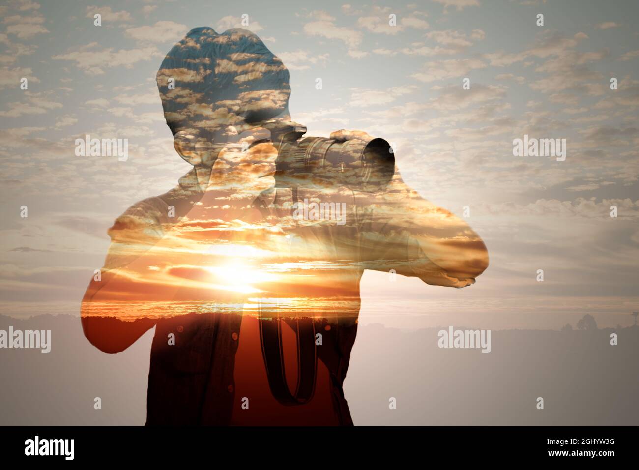Double exposure of man taking photos and sunset sky Stock Photo - Alamy