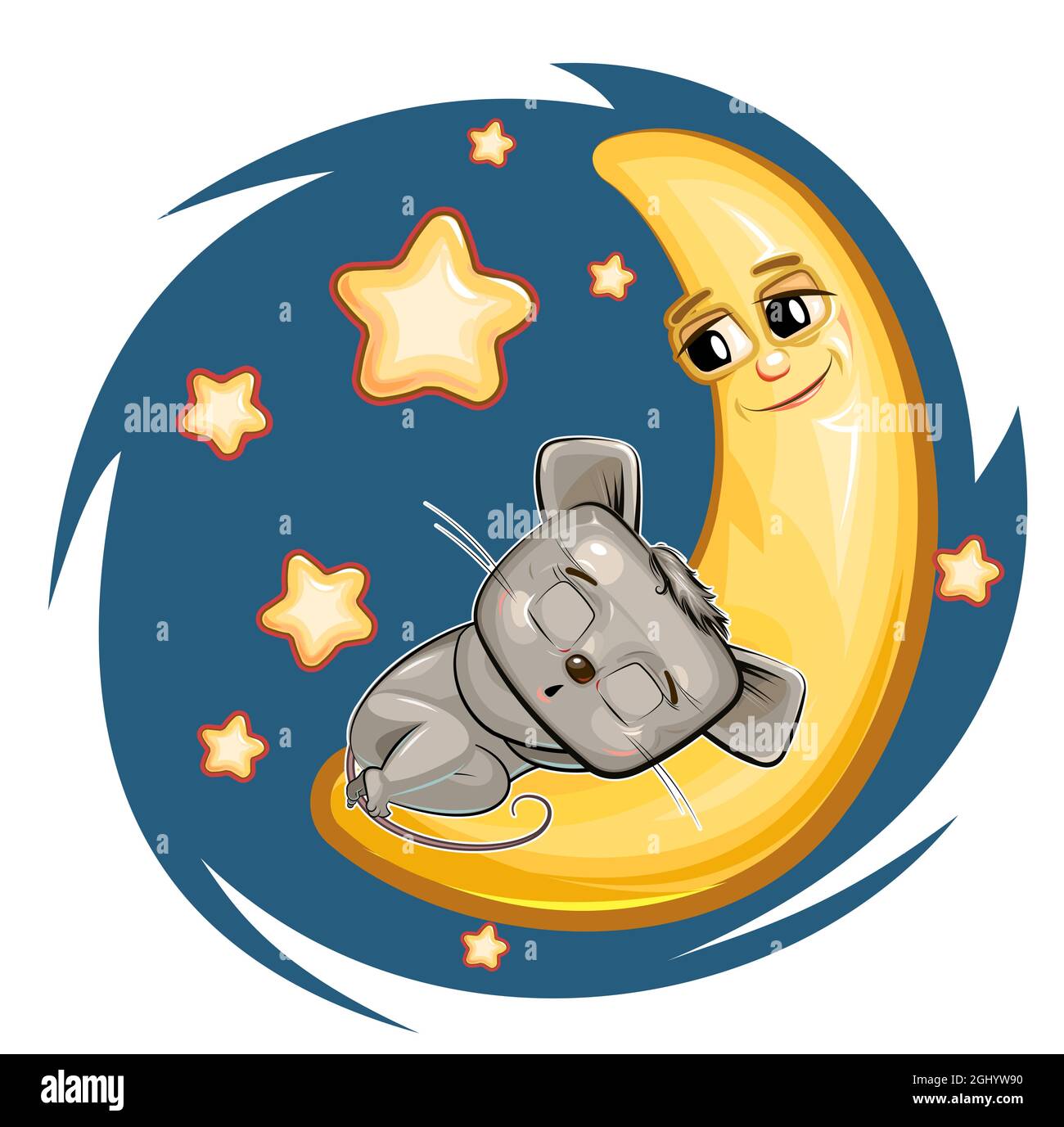Kid Mouse sleeps on the moon. Dreaming a dream. Childrens illustration ...