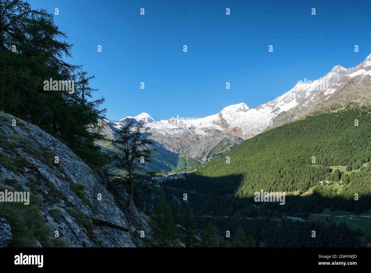Views from a ski lift towards Saas-Fee mountains, Saas-Grund village ...