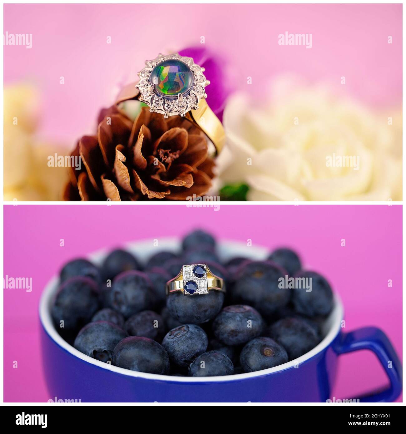 Collage of jewelry including opal and sapphire rings set with diamonds ...