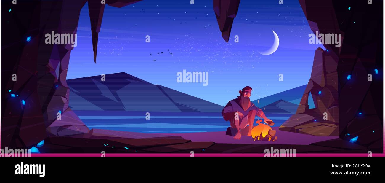 Alone castaway man in cave on uninhabited island with bonfire at night ...