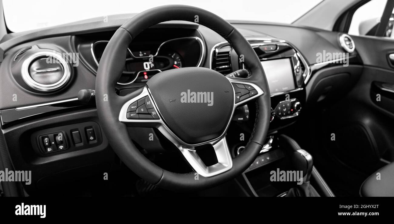 close-up of the dashboard, player, steering wheel, accelerator handle ...