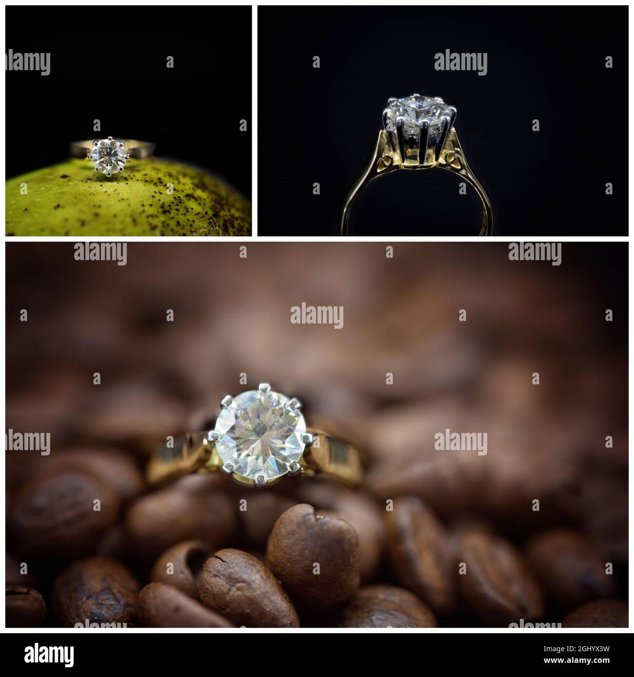 Collage of a two carat solitaire gold set diamond ring with different ...