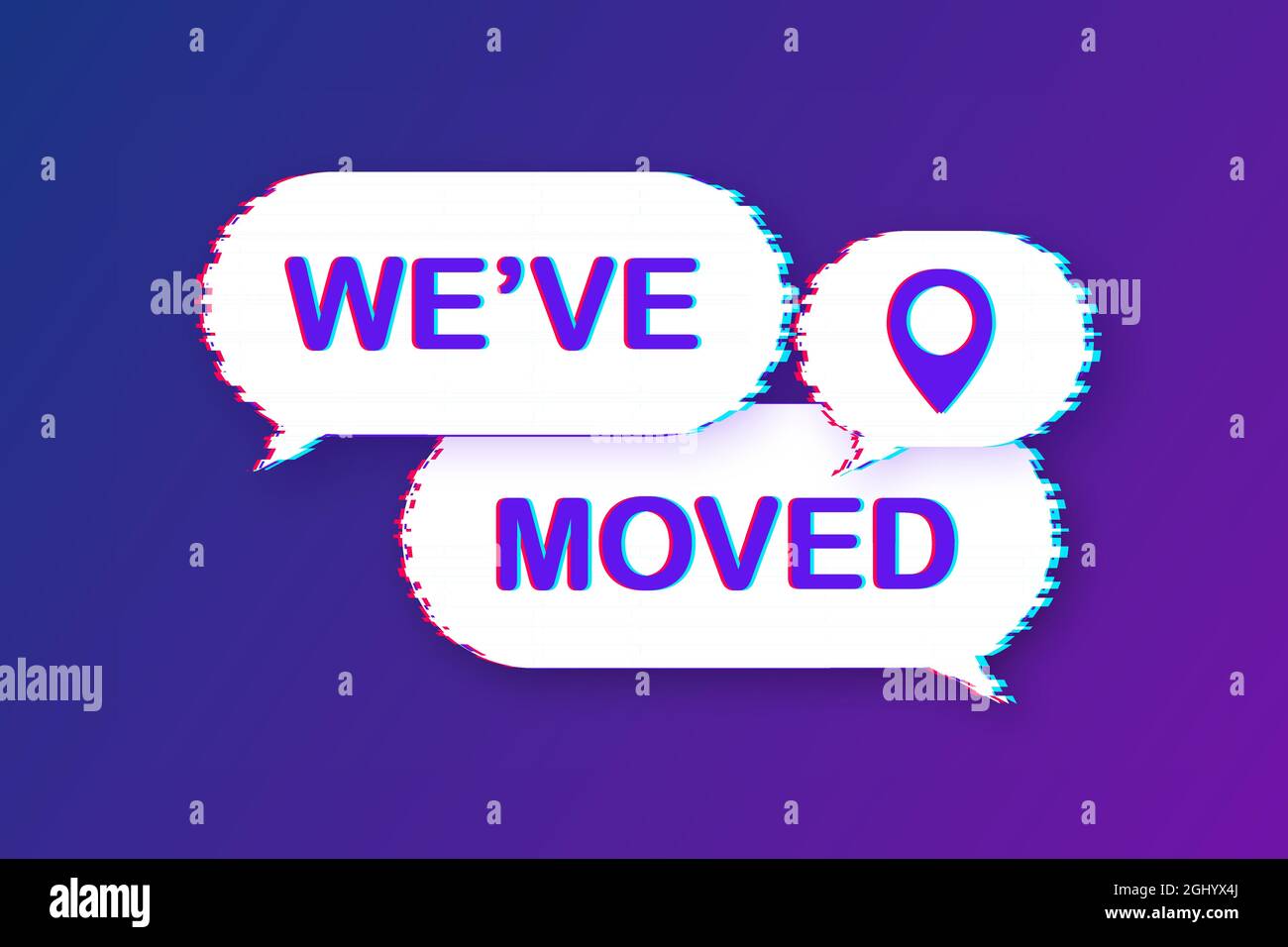 Moving office glitch icon. We have moved text on colorful search bubble ...