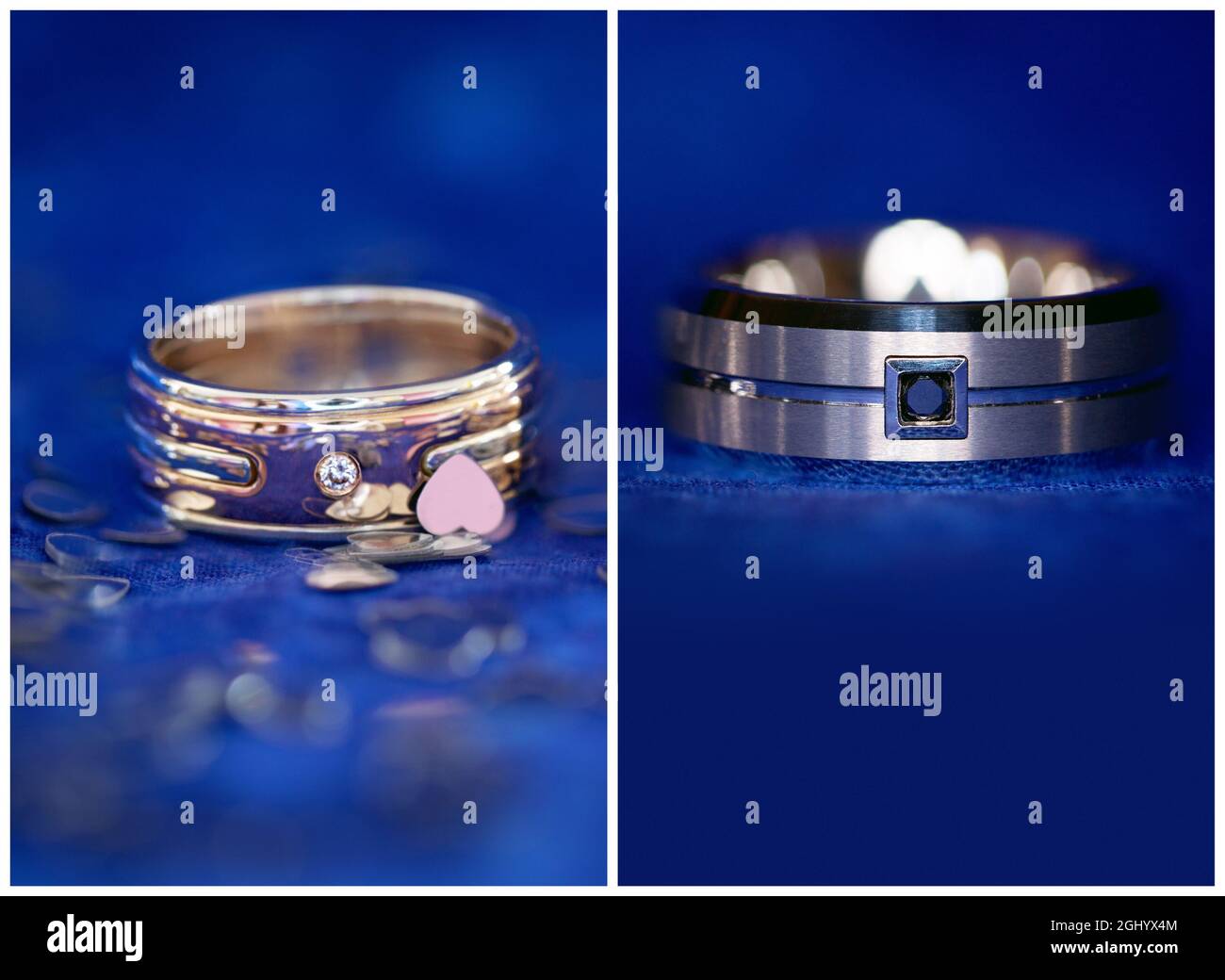 Collage of wedding rings with hearts bokkeh on a blue background Stock ...
