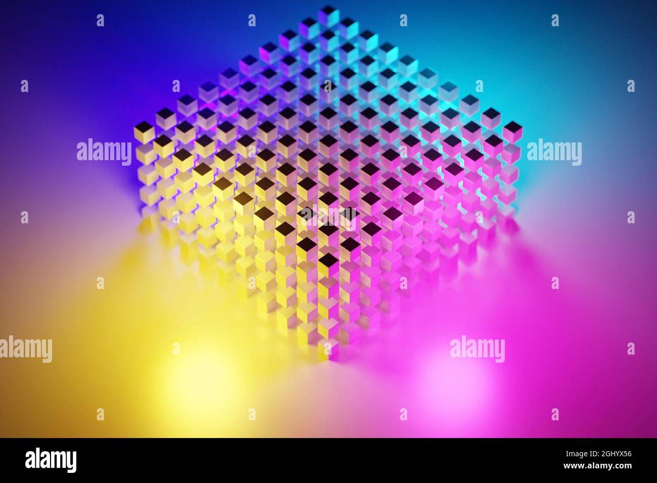 3d illustration of rows of pink cube.Set of squares on monocrome ...