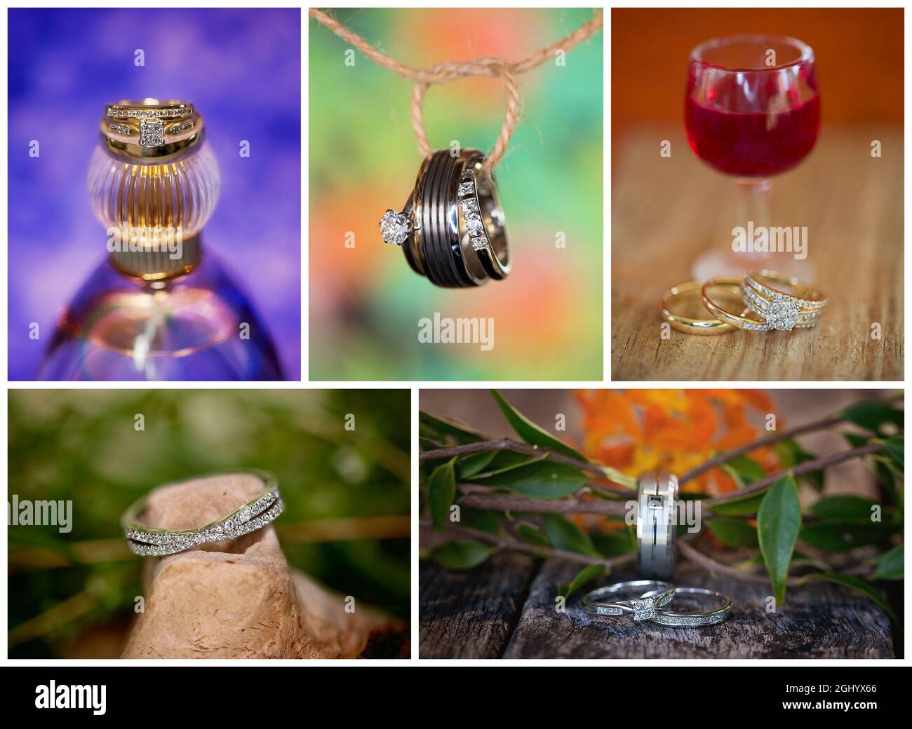 Collage of wedding rings on colorful backgrounds and with interesting ...