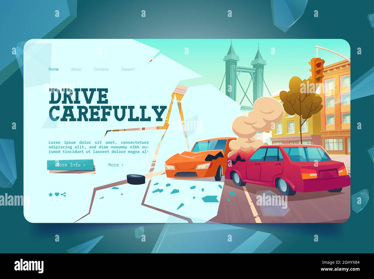 Drive carefully banner with car accident on city street. Vector landing ...