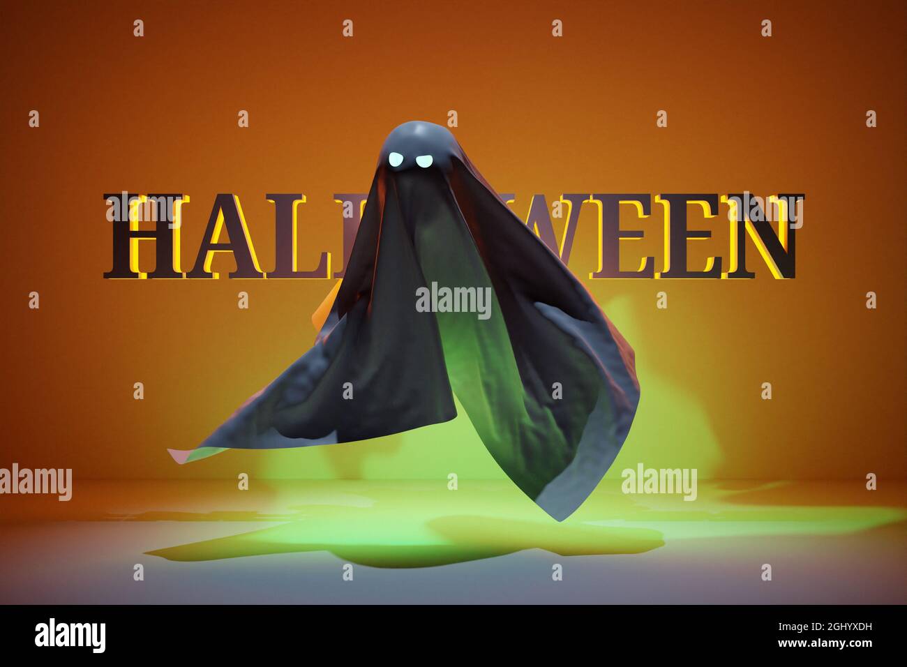 3d illustration black ghost with eyes glowing in ominous green for ...