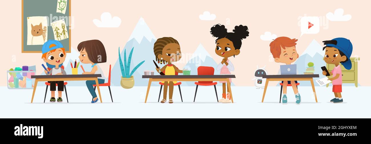 Diverse kids pupils in class room at art lesson vector flat ...