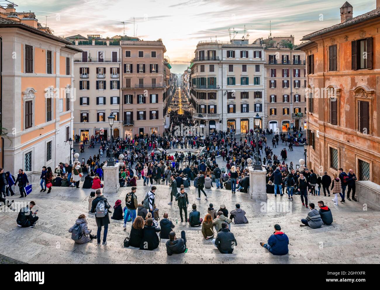 View of the crowded Spanish Steps that lead to Piazza di Spagna. Via ...