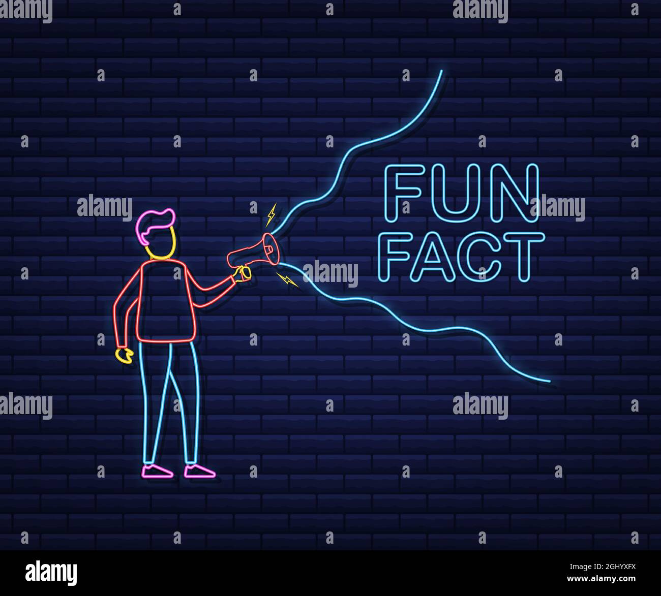 Hand holding megaphone - Fun fact. Neon icon. Vector stock illustration ...
