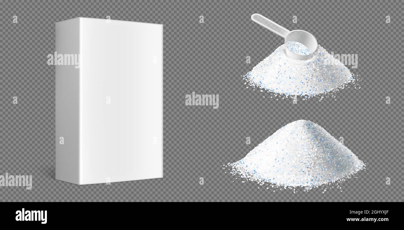 Washing powder piles with measuring scoop and white box isolated on ...