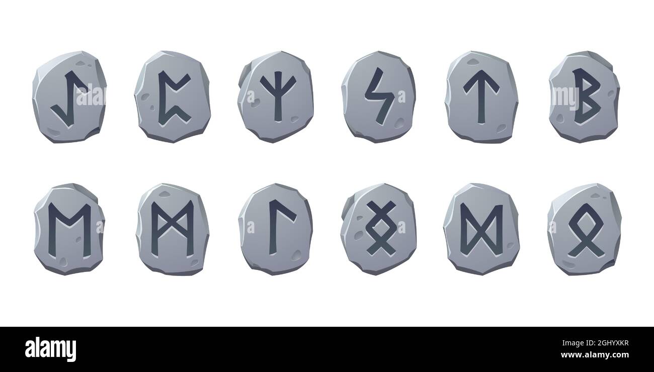Rune stones with sacred glyphs for game design isolated on white ...