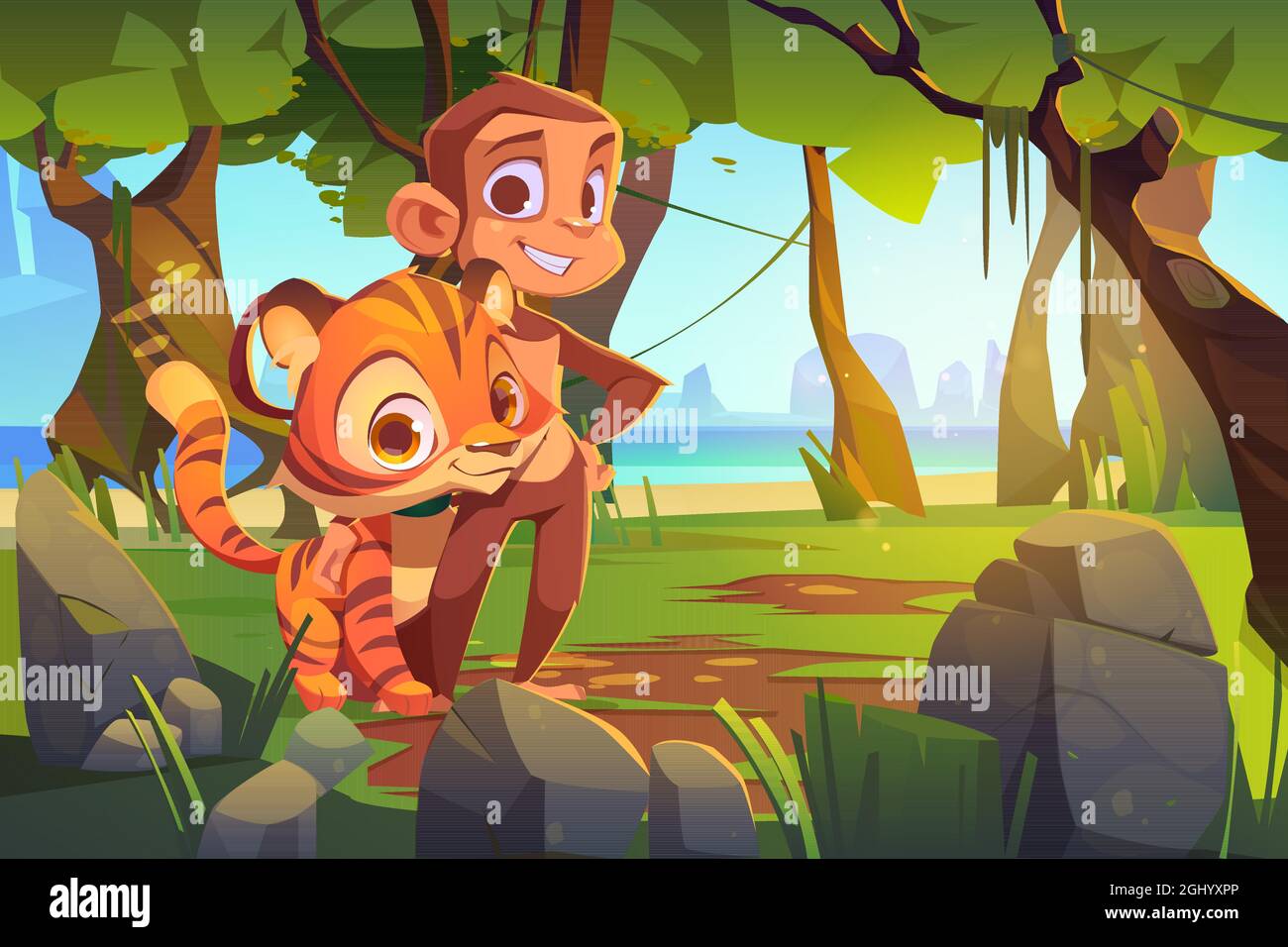 Cute monkey and tiger stand together in jungle. Vector cartoon ...