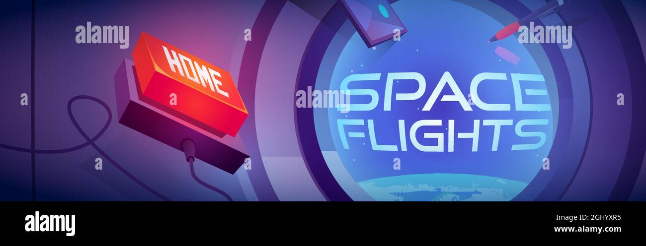 Space flights cartoon banner, spaceship cabin interior, round window ...