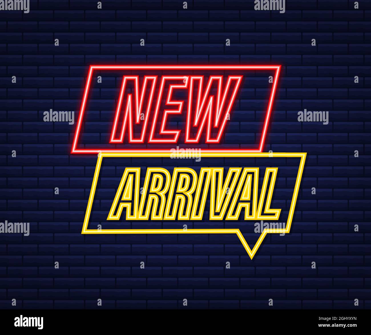 New arrival. Information poster brochure. Neon icon. Banner promotion ...