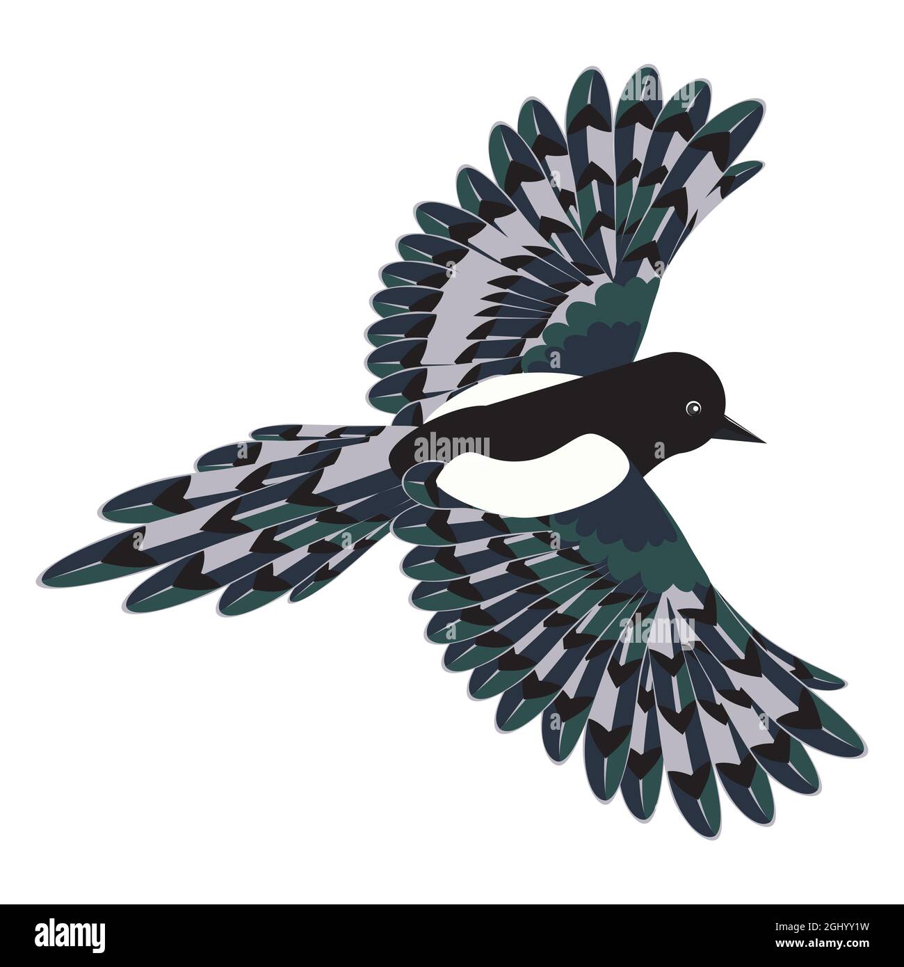 Abstract cartoon wild bird, black white magpie illustration Stock ...