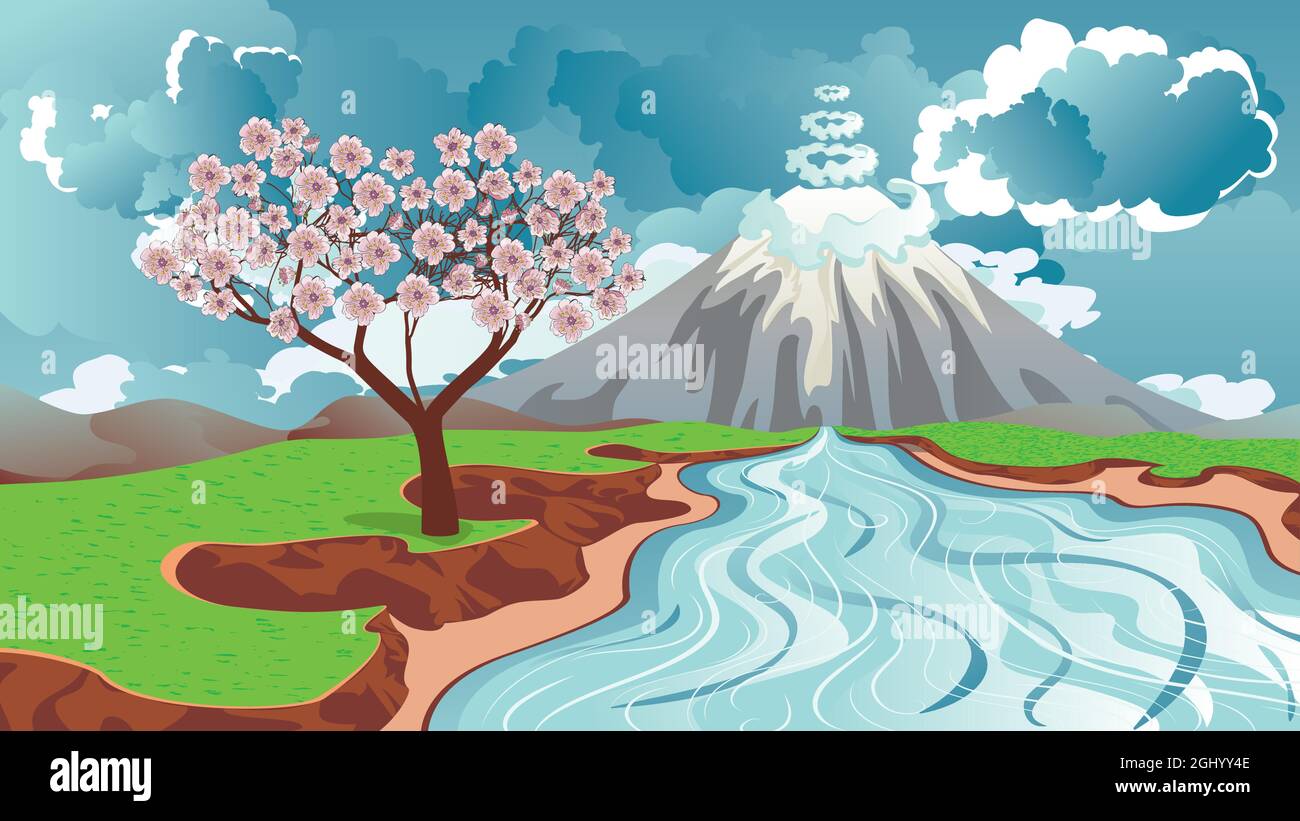 Pink cherry blossom, sakura blooming tree, volcano and river landscape ...