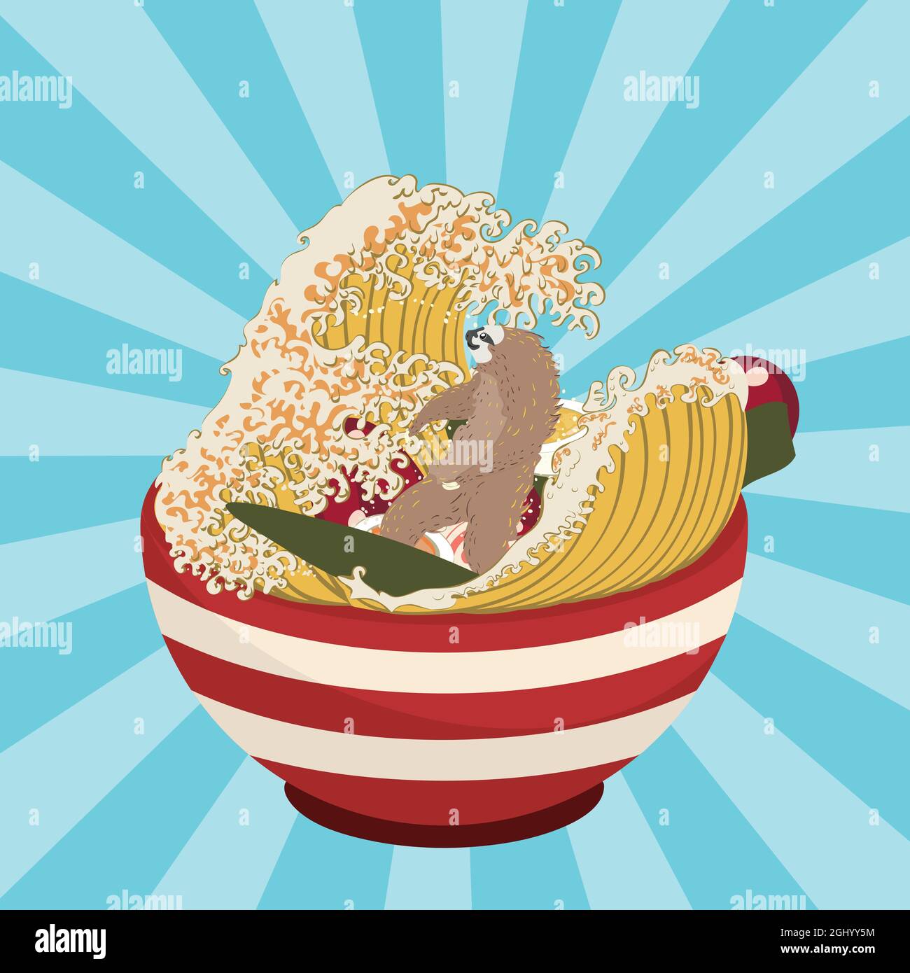Cute cartoon sloth with a bowl of ramen illustration Stock Vector Image ...