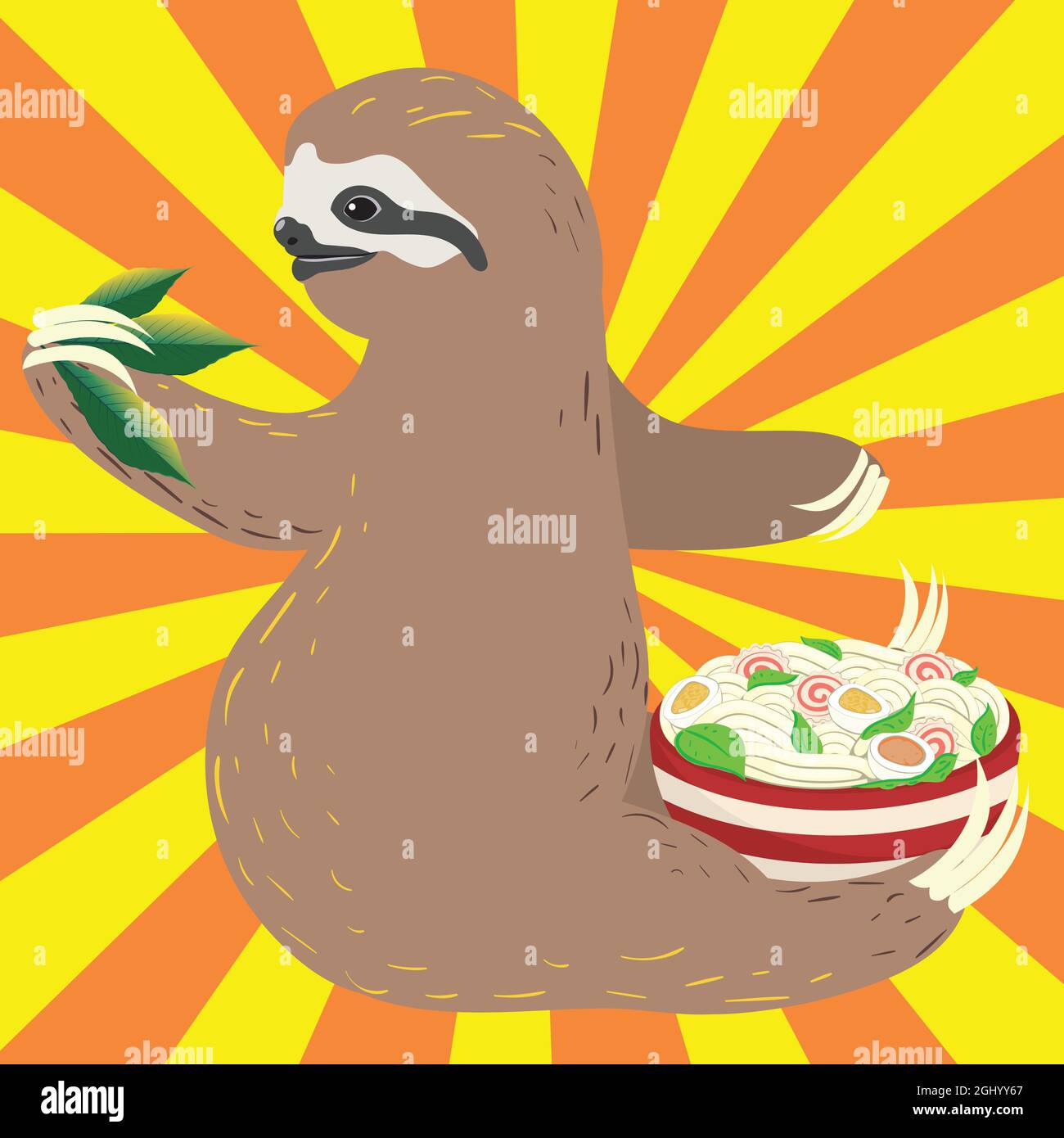 Cute cartoon sloth with a bowl of ramen illustration Stock Vector Image ...