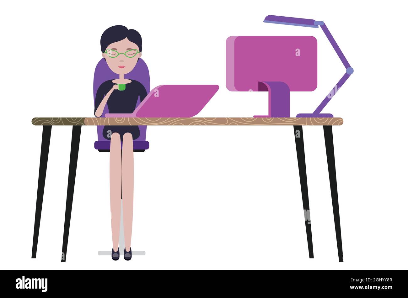 Cartoon business woman working at office desk, work from home concept ...
