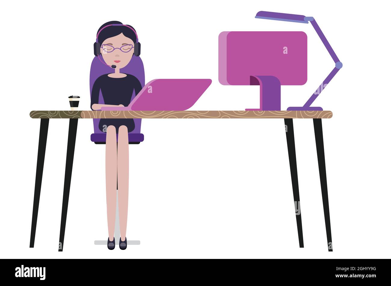 Cartoon business woman working at office desk, work from home concept ...