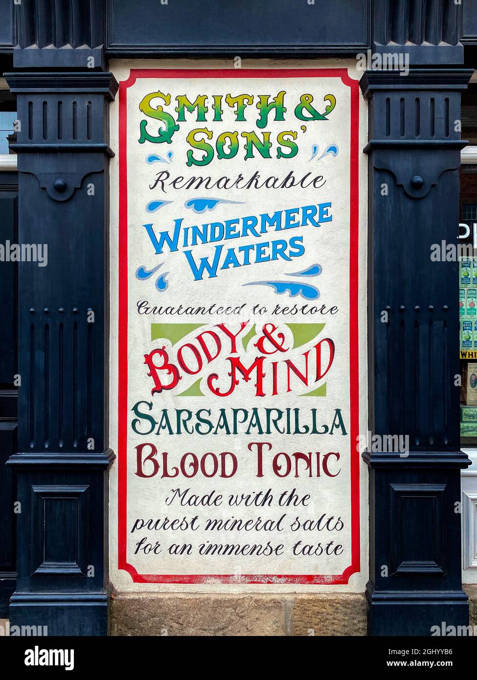 Advertising sign outside an Edwardian shop at the Beamish Open Air ...
