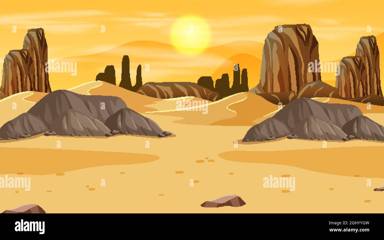 Empty desert forest landscape at sunset time scene illustration Stock ...