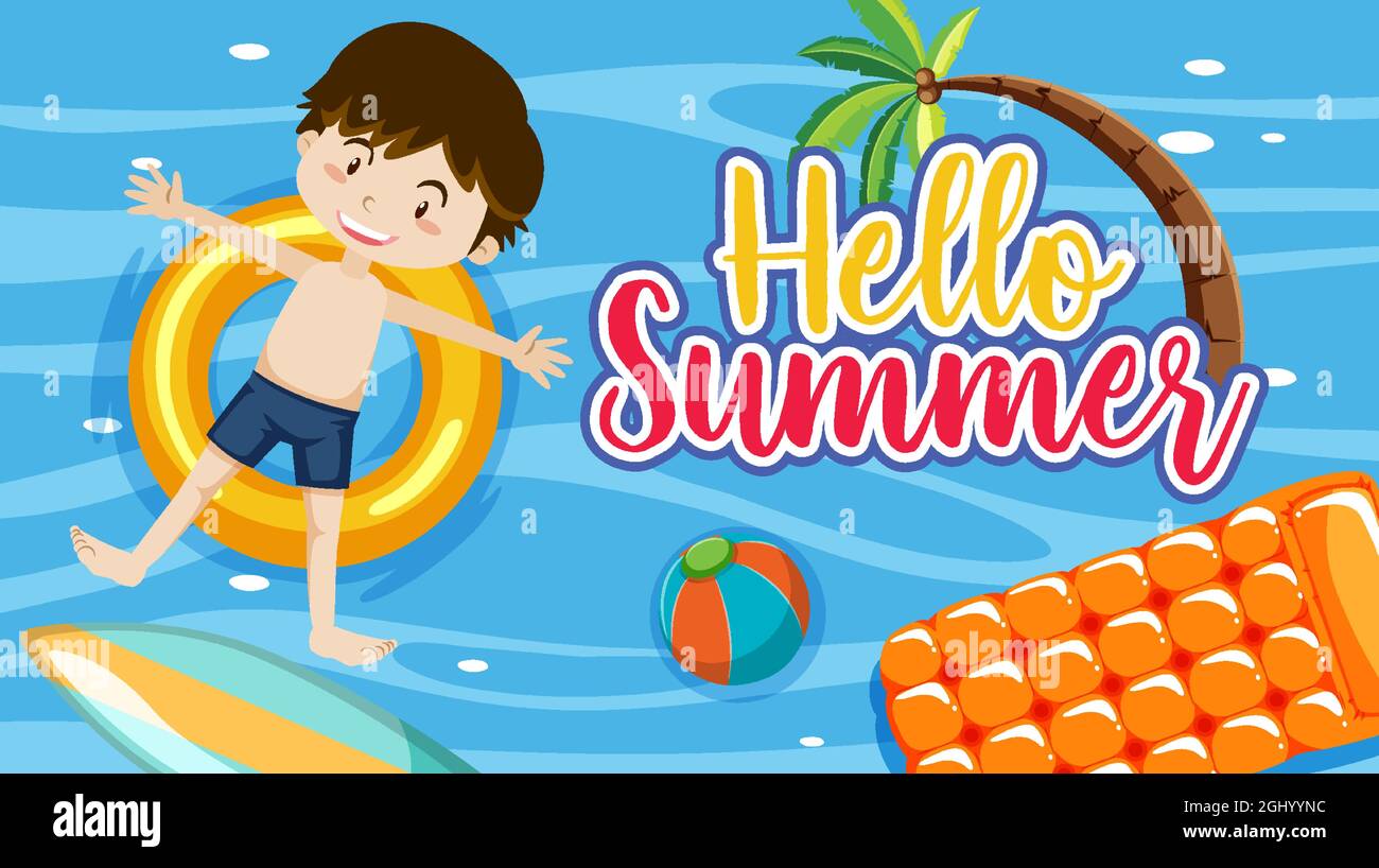 Hello Summer banner with a boy laying on swimming ring in the pool ...