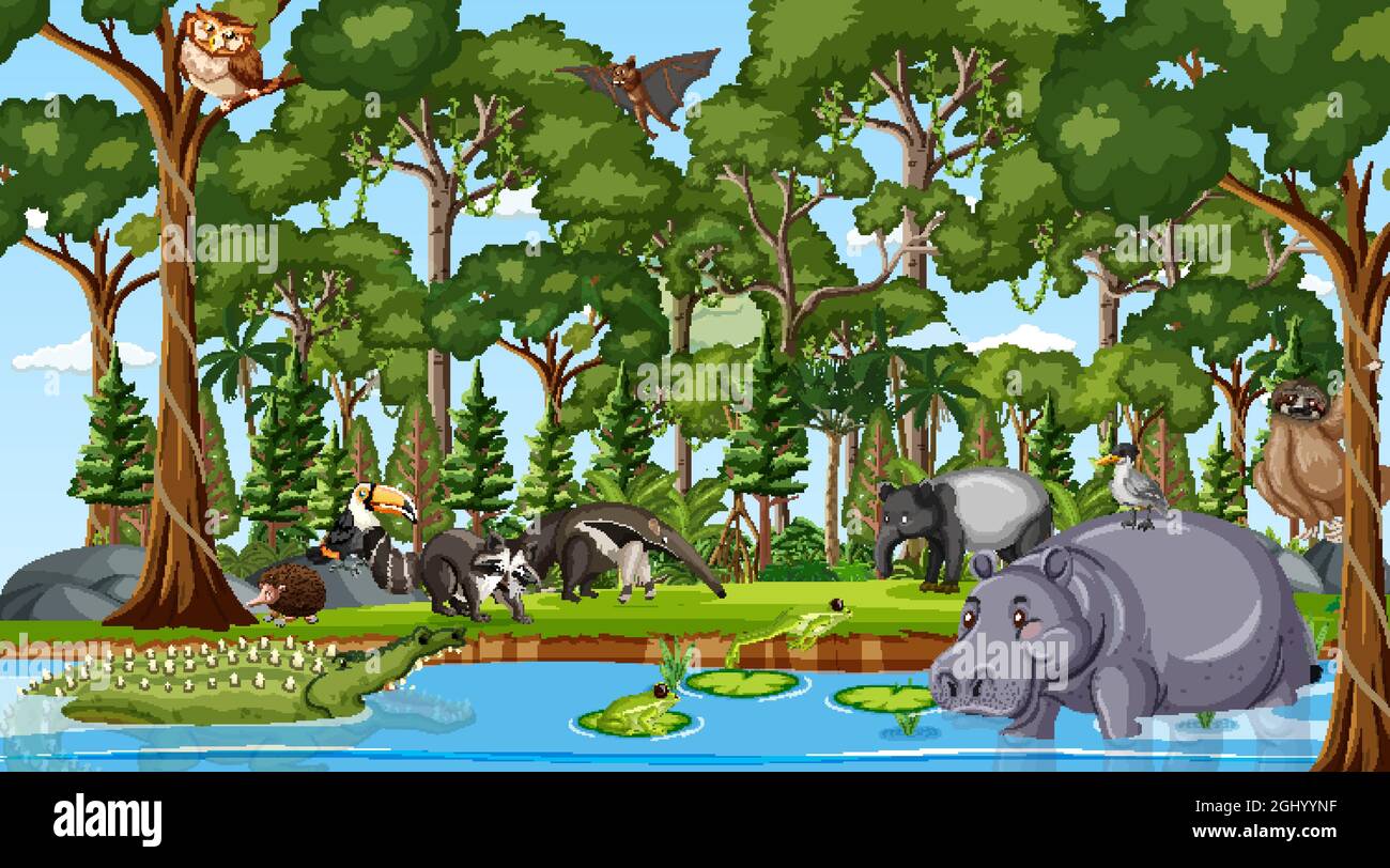 Forest at daytime scene with many different wild animals illustration ...