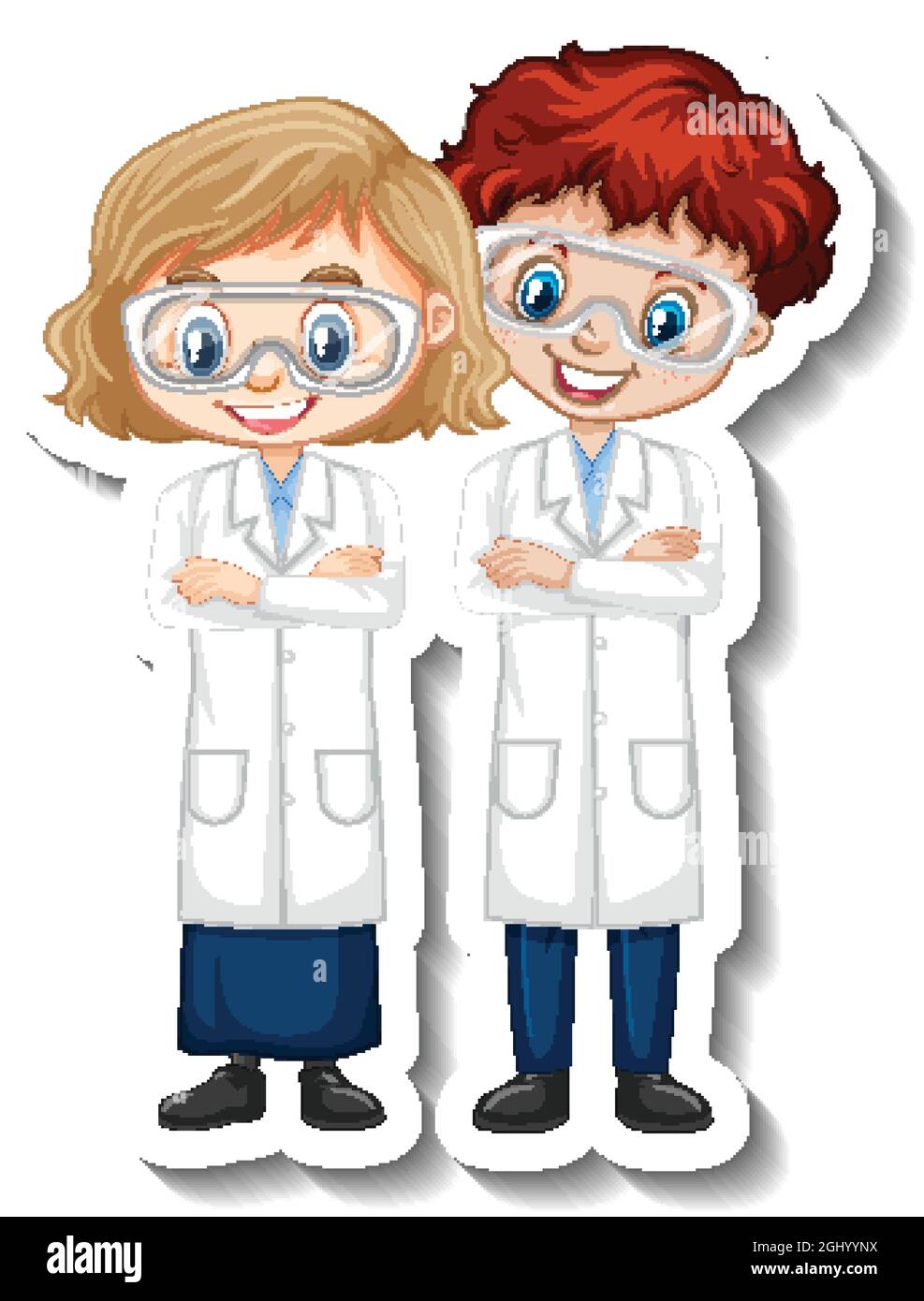 Cartoon character sticker with couple scientists in science gown ...