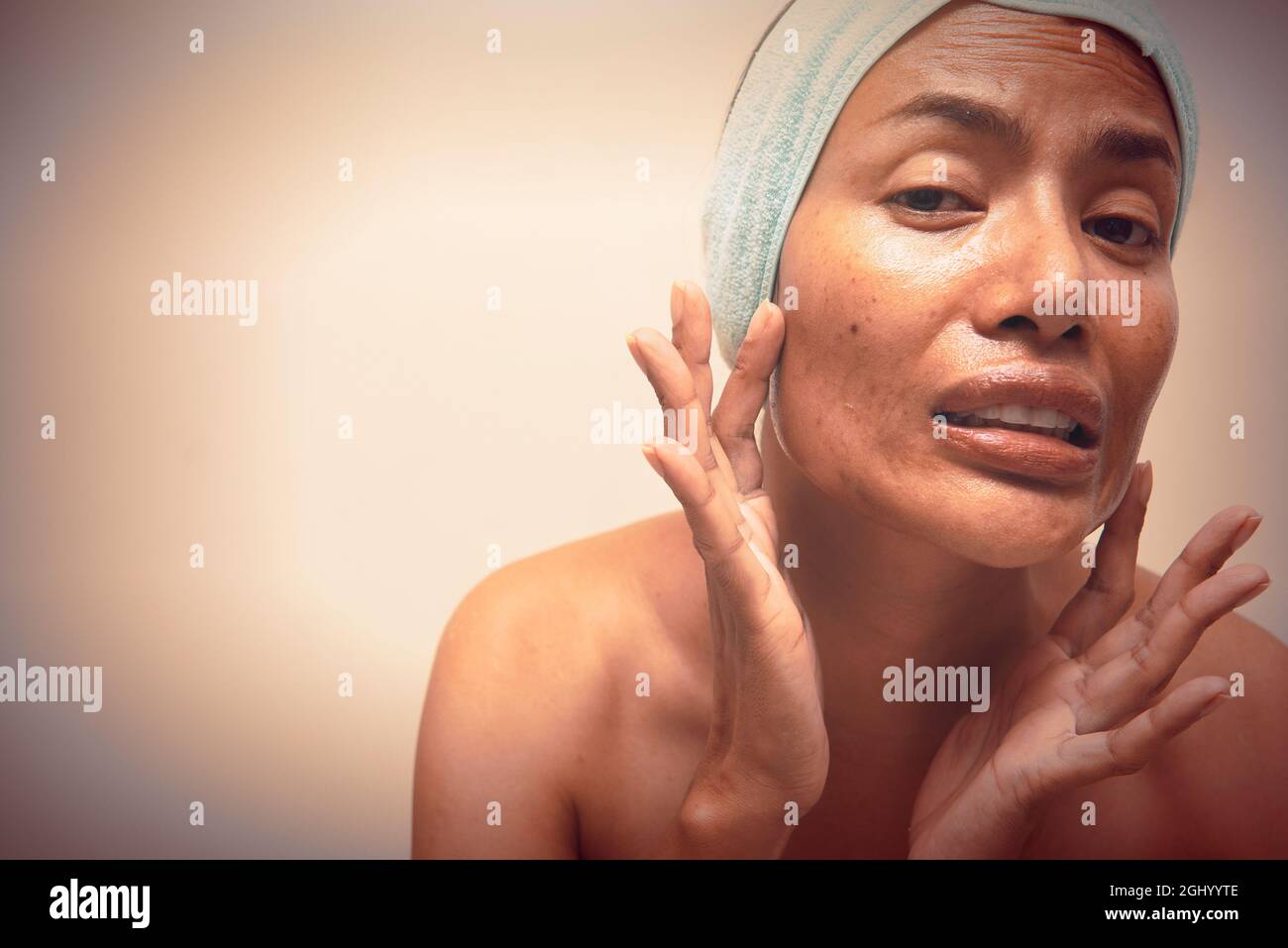 Blurry of crazy woman with very oily skin.Include the bumpy, sensitive ...