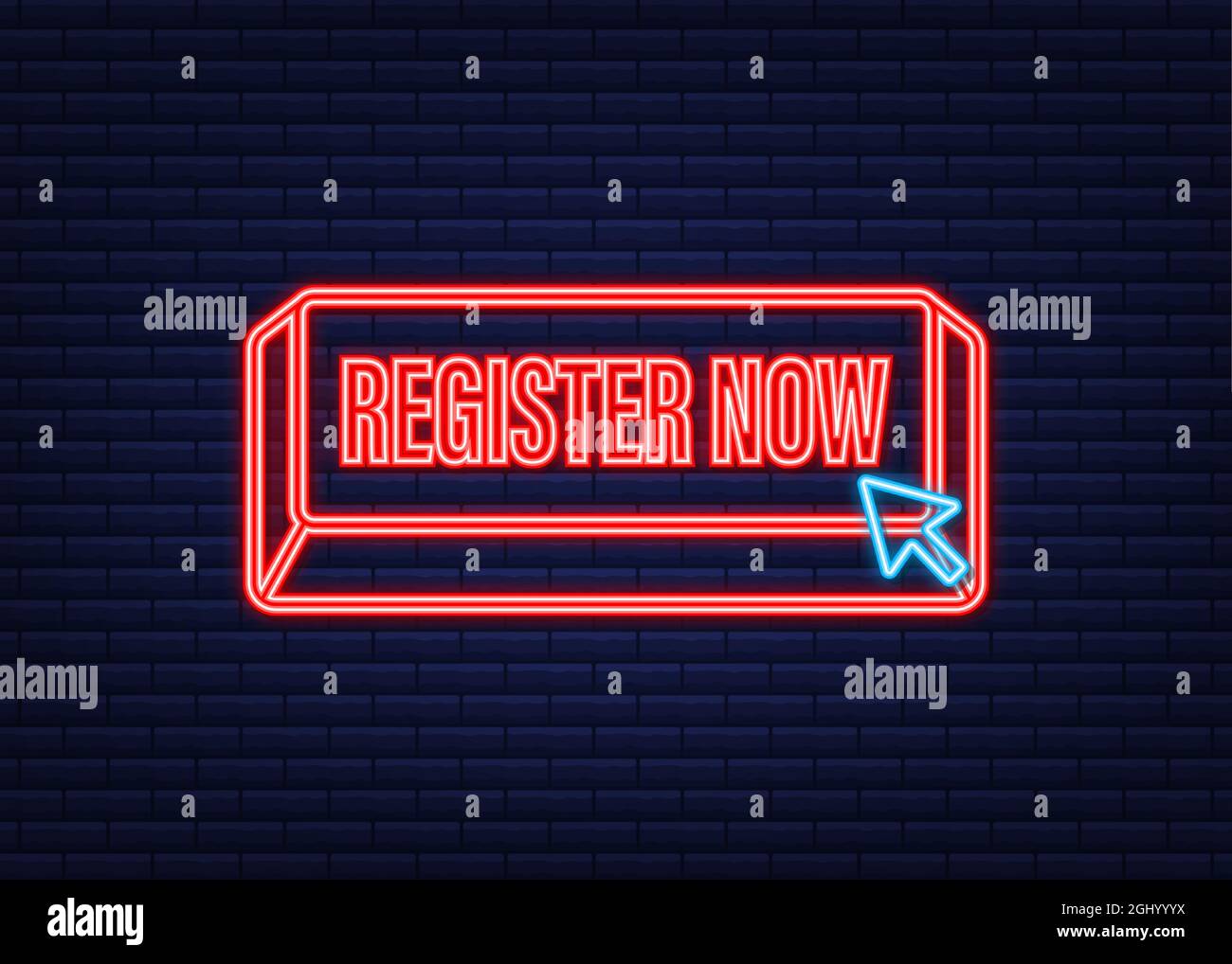 Register now with cursor button. Internet neon icon. Pointer click icon. Vector stock ...