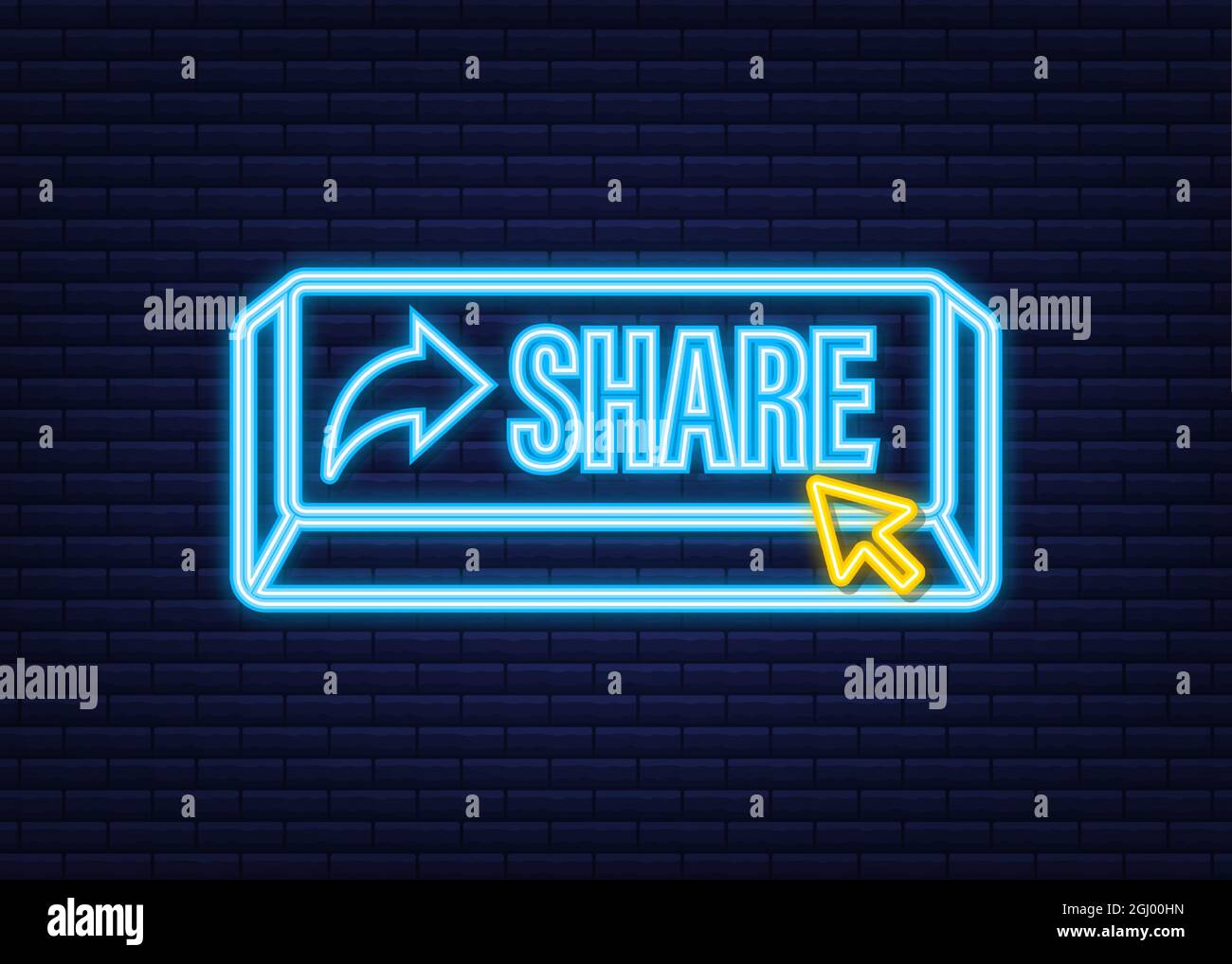 Share button in flat style on blue background. Neon icon. Social media ...
