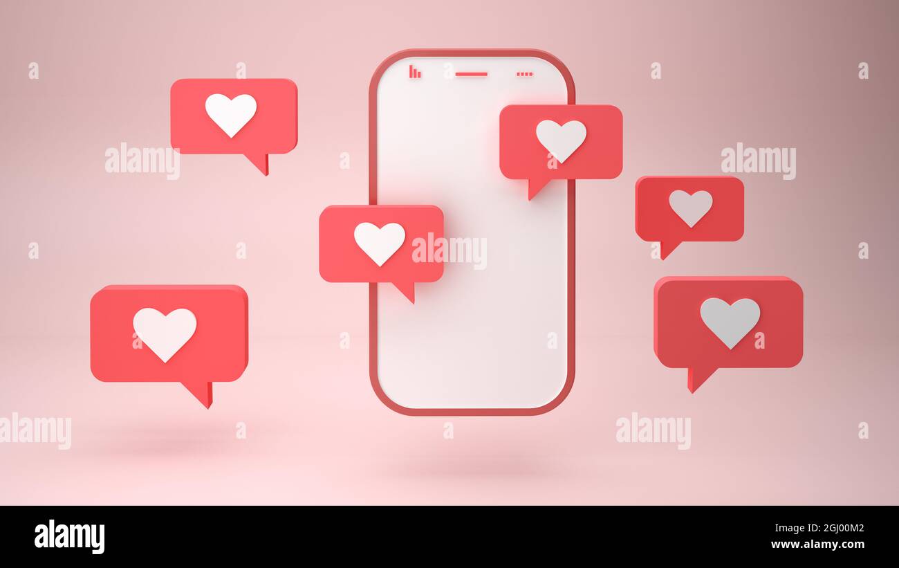 Smartphone and heart sign notification bubbles on pink background 3d ...