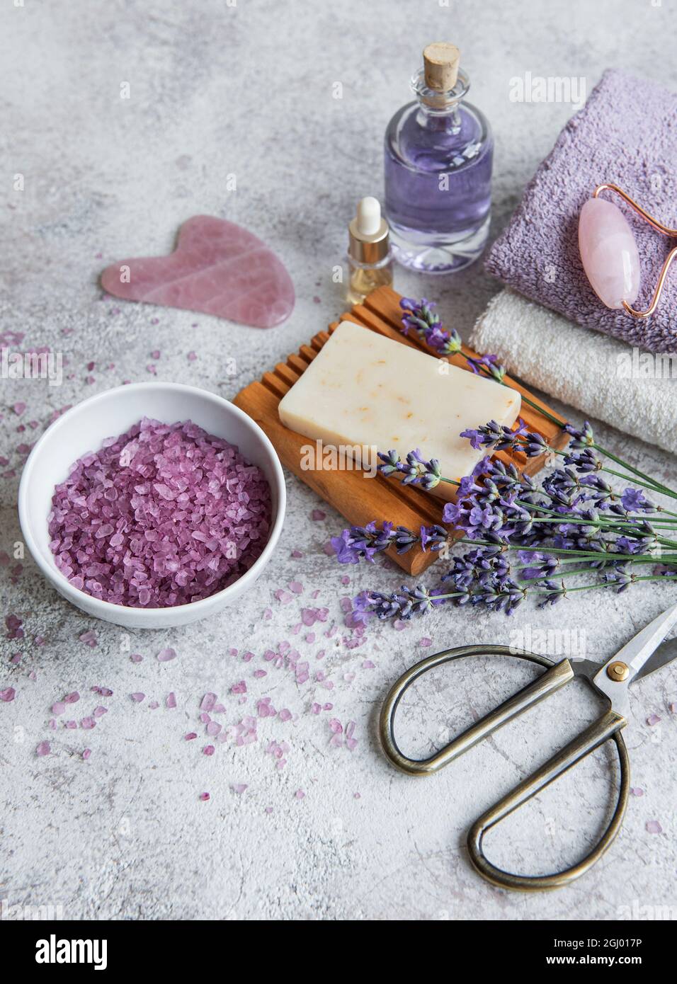 Lavender spa. Essential oils, sea salt, towels and handmade soap ...